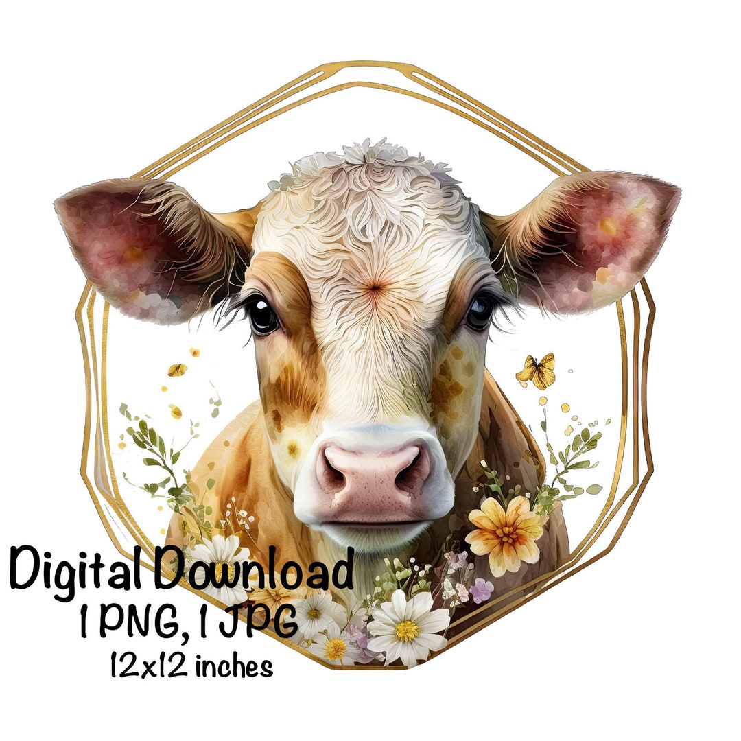 Dairy Cow Watercolor Clipart Milk Cow Gold Hexagon Spring Flowers PNG ...