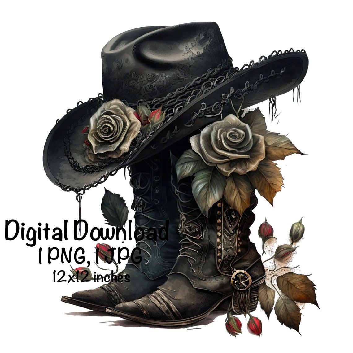 Gothic Cowboy Boots Watercolor Country Cowboy Cowgirl Hat Clipart PNG ...