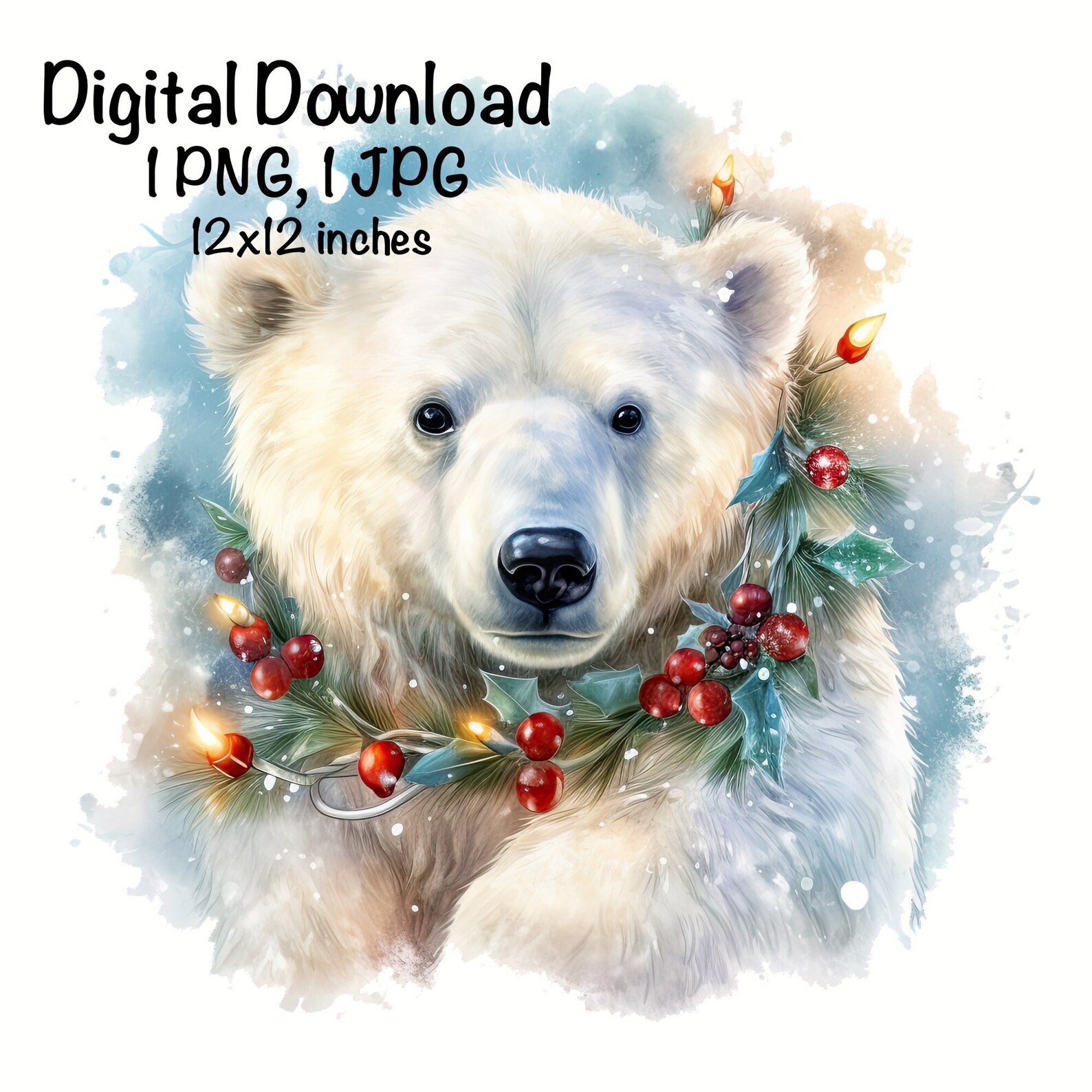 Christmas Lights A& Polar Bear Watercolor Clipart Cute Xmas PNG ...