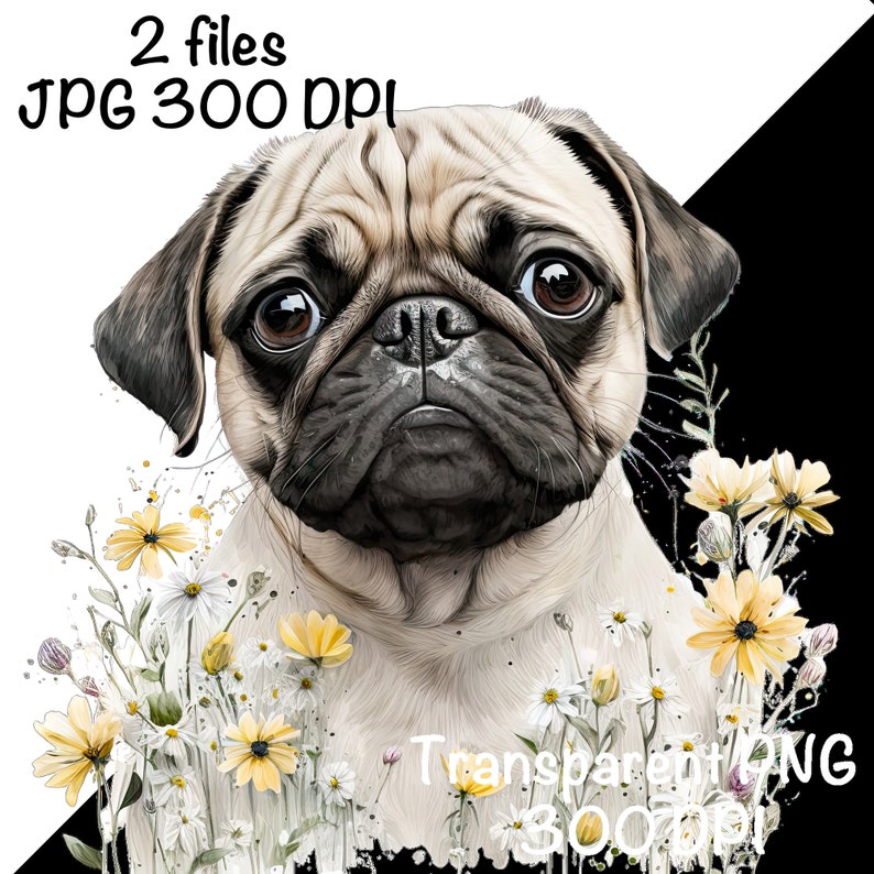 Pug Dog Watercolor Clipart Doodle Pug Dog Spring Daisy Flowers - Etsy