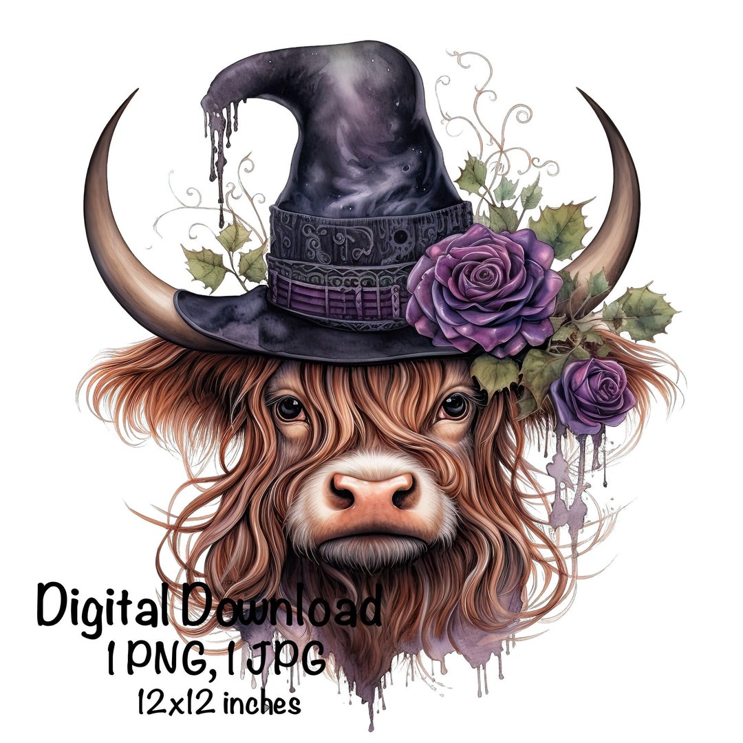 Gothic Highland Cow Sublimation, Witch Cow PNG, Halloween Cow PNG ...
