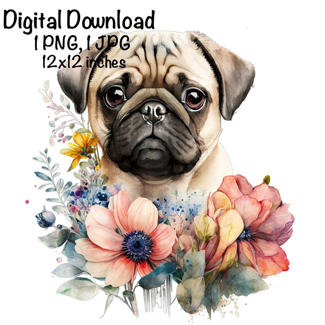 Pug Dog Watercolor Clipart Doodle Pug Dog Spring Daisy Flowers PNG ...