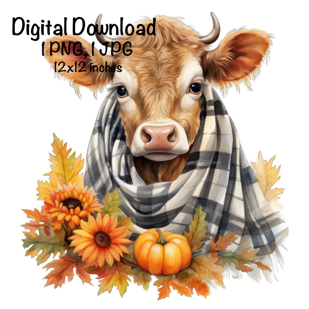 Fall Farm Cow PNG Watercolor Cow Clipart Cow Sublimation Fall Flowers ...