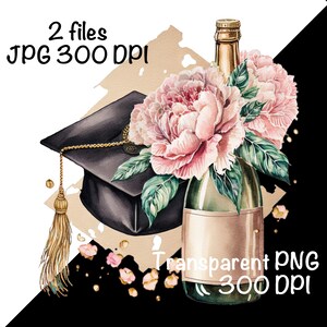 Champagne Bottle Gold Graduation Cap Watercolor College High School ...