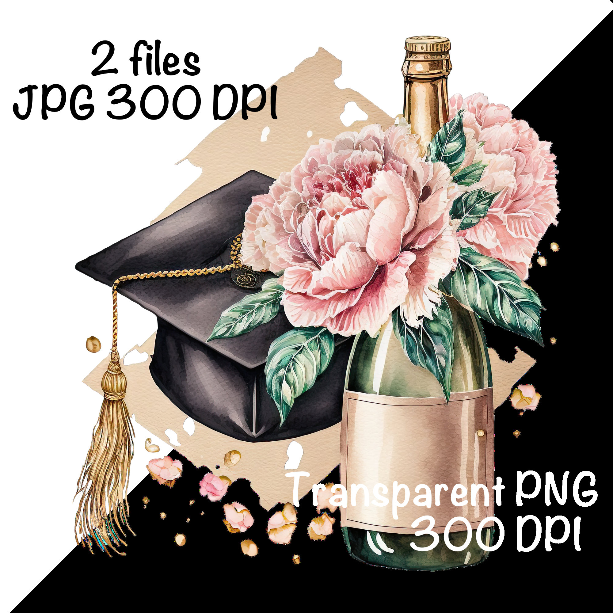 Champagne Bottle Gold Graduation Cap Watercolor College High - Etsy ...