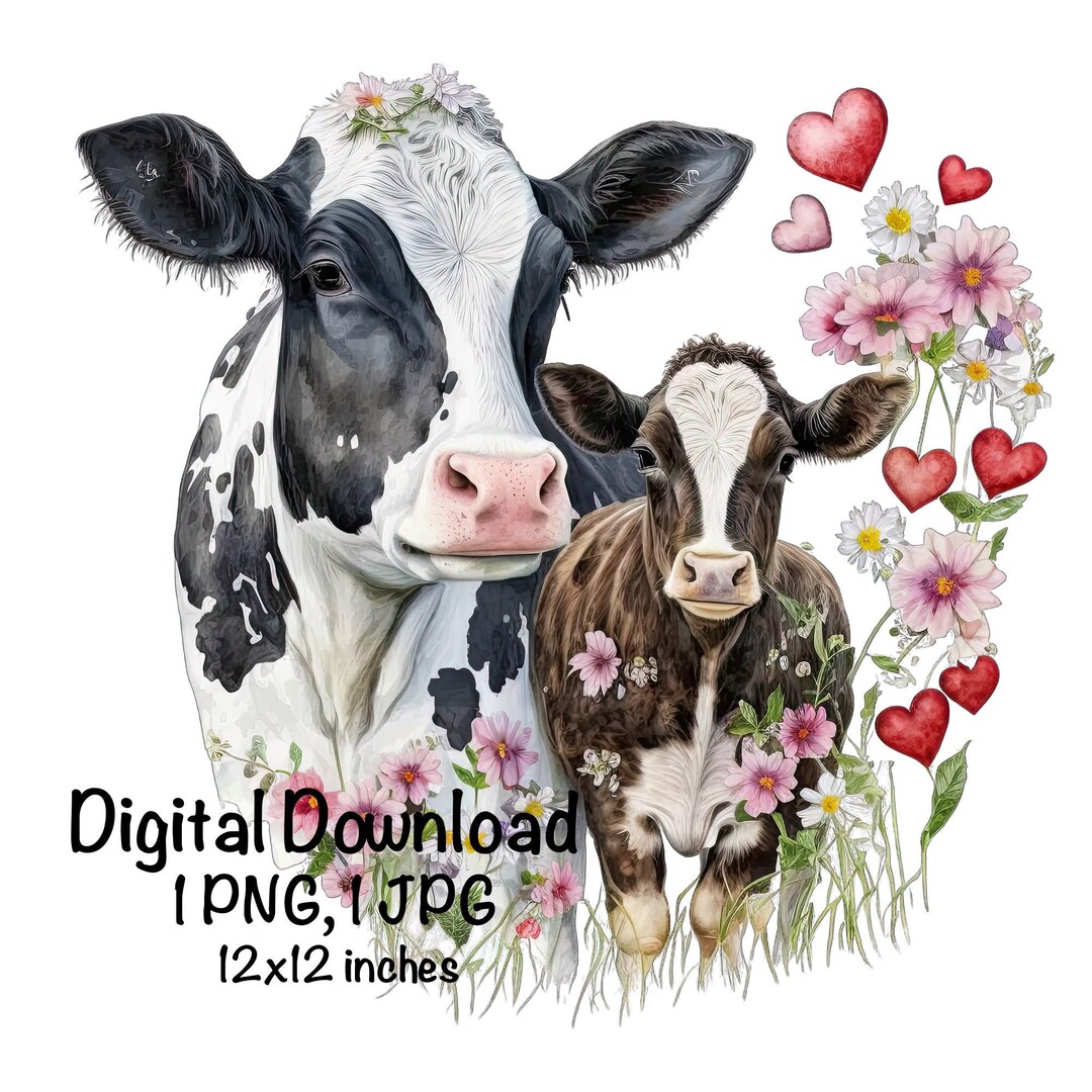 Dairy Cow & Calf Watercolor Clipart Farm Milk Cattle Flowers Mother ...