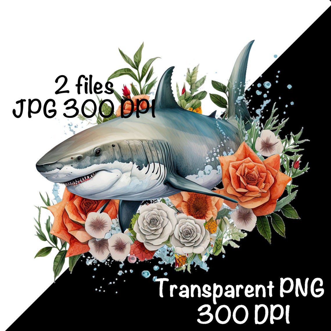 Great White Shark Watercolor Clipart Shark Spring Flowers PNG - Etsy