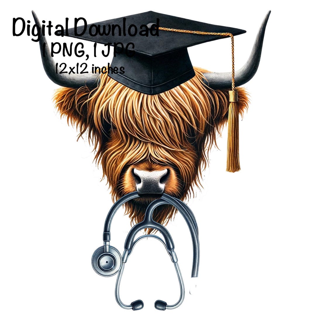 Graduation Highland Cow Sublimation PNG, Vet Nurse Doctor Highland Cow ...