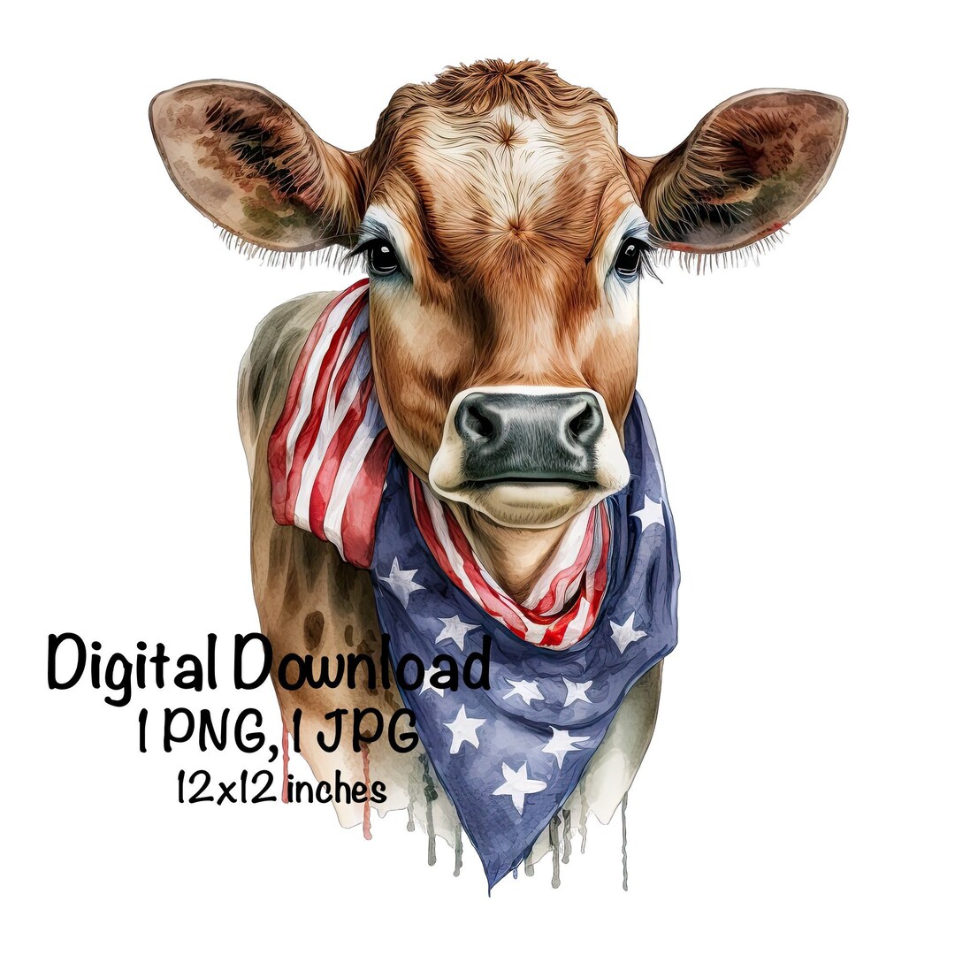 American Jersey Cow Watercolor Clipart Milk Cow Bandana US Flag PNG ...