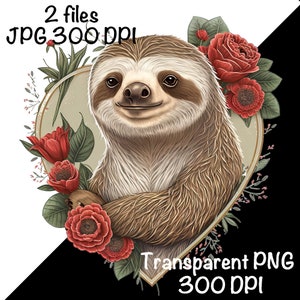 Cute Sloth Clipart Sloth & Roses Flowers Heart PNG Commercial Use Sloth ...
