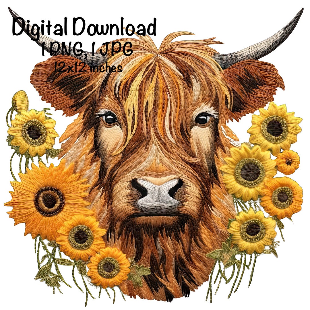 Highland Cow Embroidery PNG Farm Highland Cow & Sunflowers Art Scottish ...