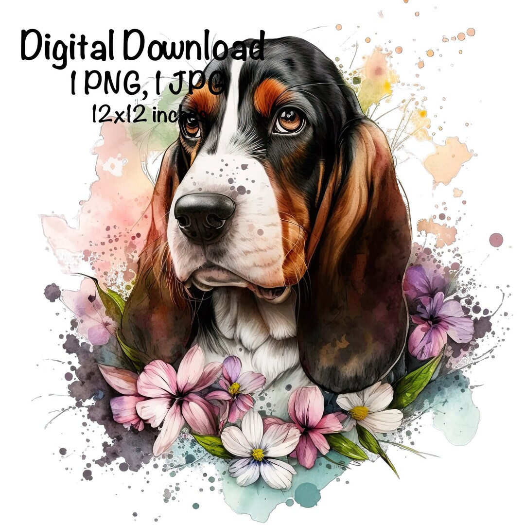 Bassett Hound Dog Watercolor Clipart Bassett Hound Dog Flowers PNG ...