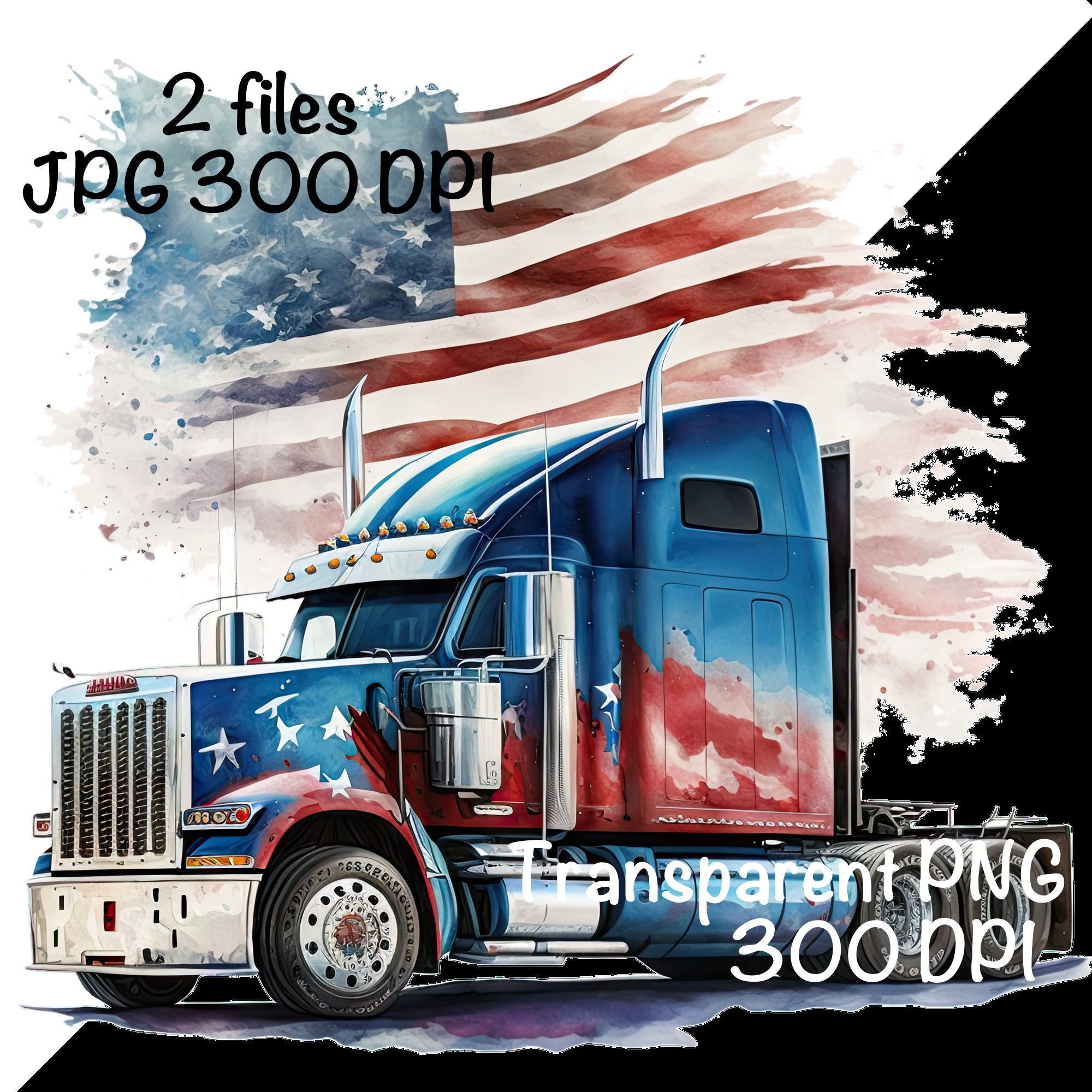 Semi Truck Watercolor Flat Bed US Flag Trucks Boys Clipart American ...
