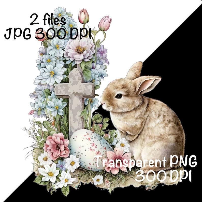 Easter Bunny Cross Watercolor Floral Clipart Easter - Etsy
