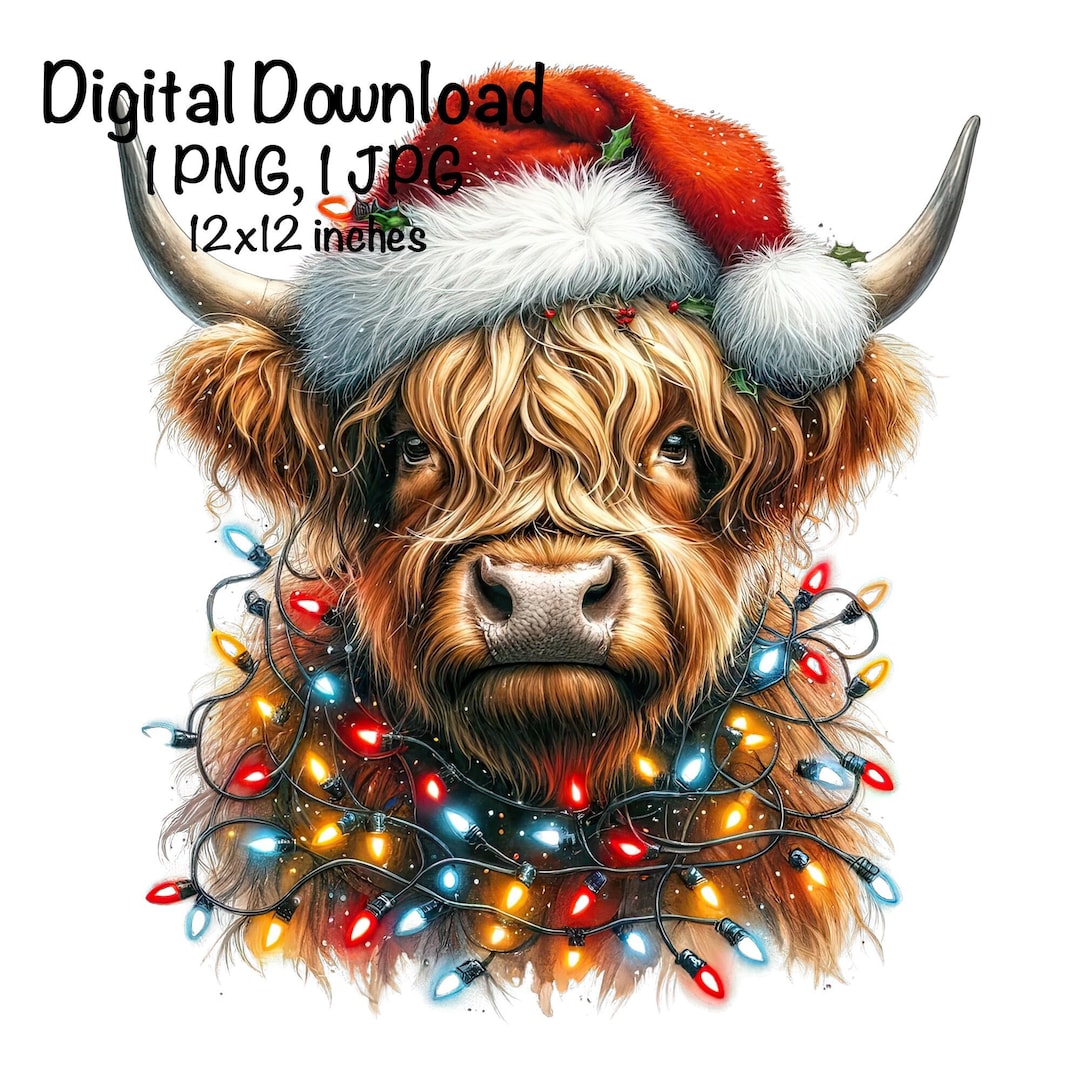 Highland Cow Watercolor Clipart Highland Cow Christmas Lights Holiday ...