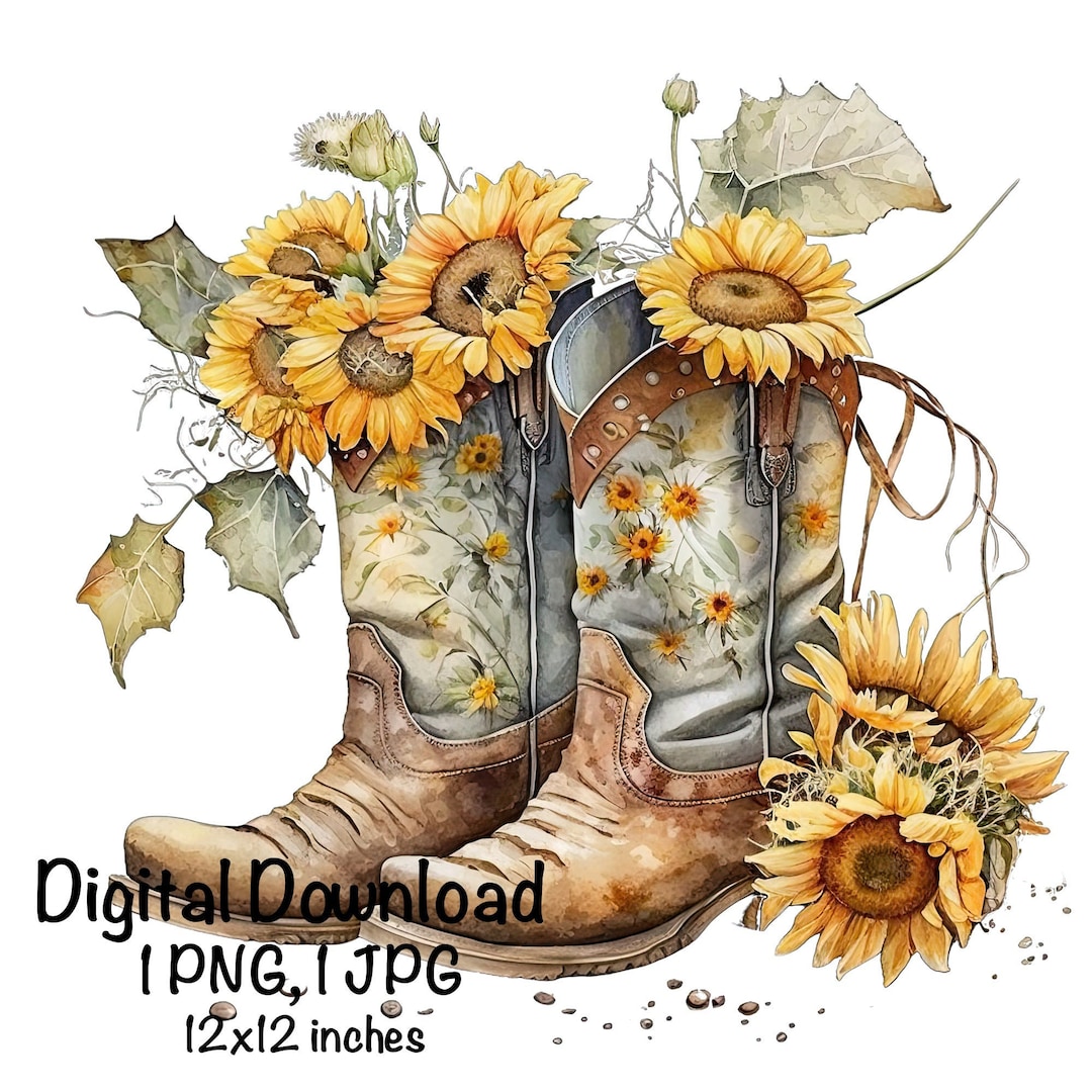 Cowgirl Boots & Sunflowers Watercolor Country Cowboy Clipart PNG ...