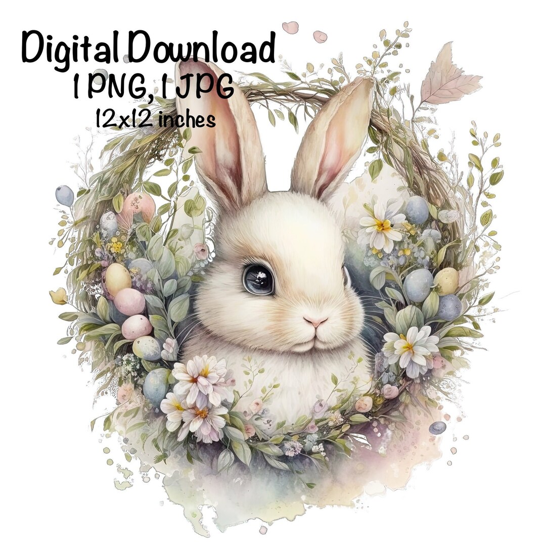 Cute Bunny Watercolor Clipart White Bunny Spring Flower Wreath Farm ...