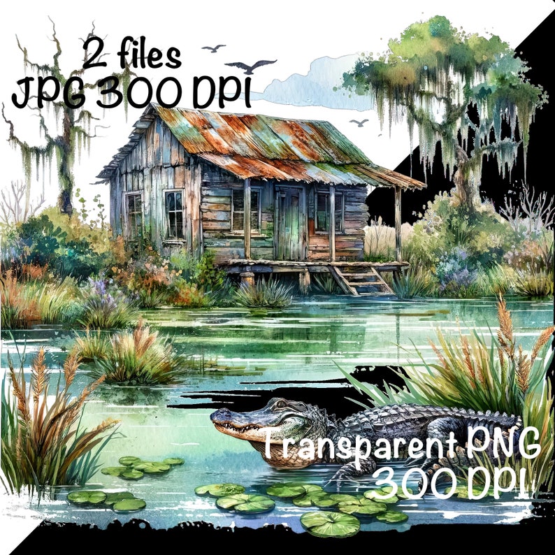 Old Shack on the Bayou Watercolor Swamp Boys Girls Clipart Wall Art ...