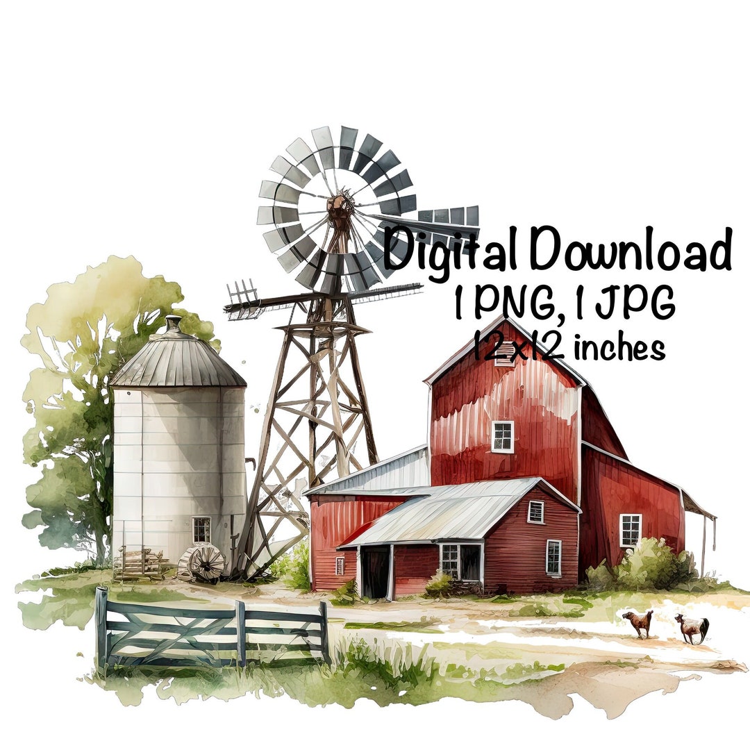 Old Farm Barn Watercolor Red Barn Farm Windmill Clipart Wall Art Old ...
