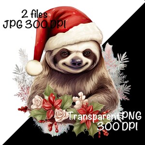 Christmas Sloth PNG Watercolor Clipart Winter Sloth Christmas Flowers ...