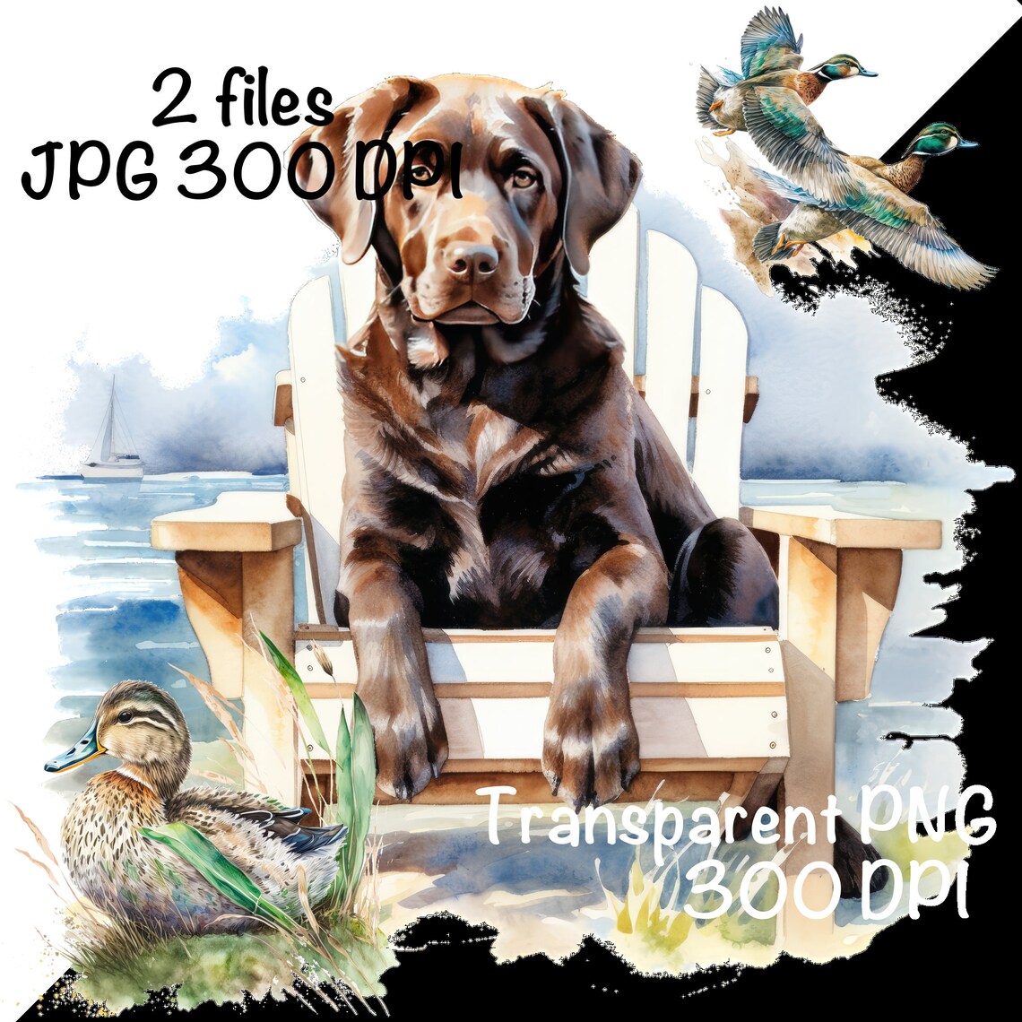 Chocolate Labrador Dog Watercolor Clipart Lab Dog Beach Chair Ducks PNG ...