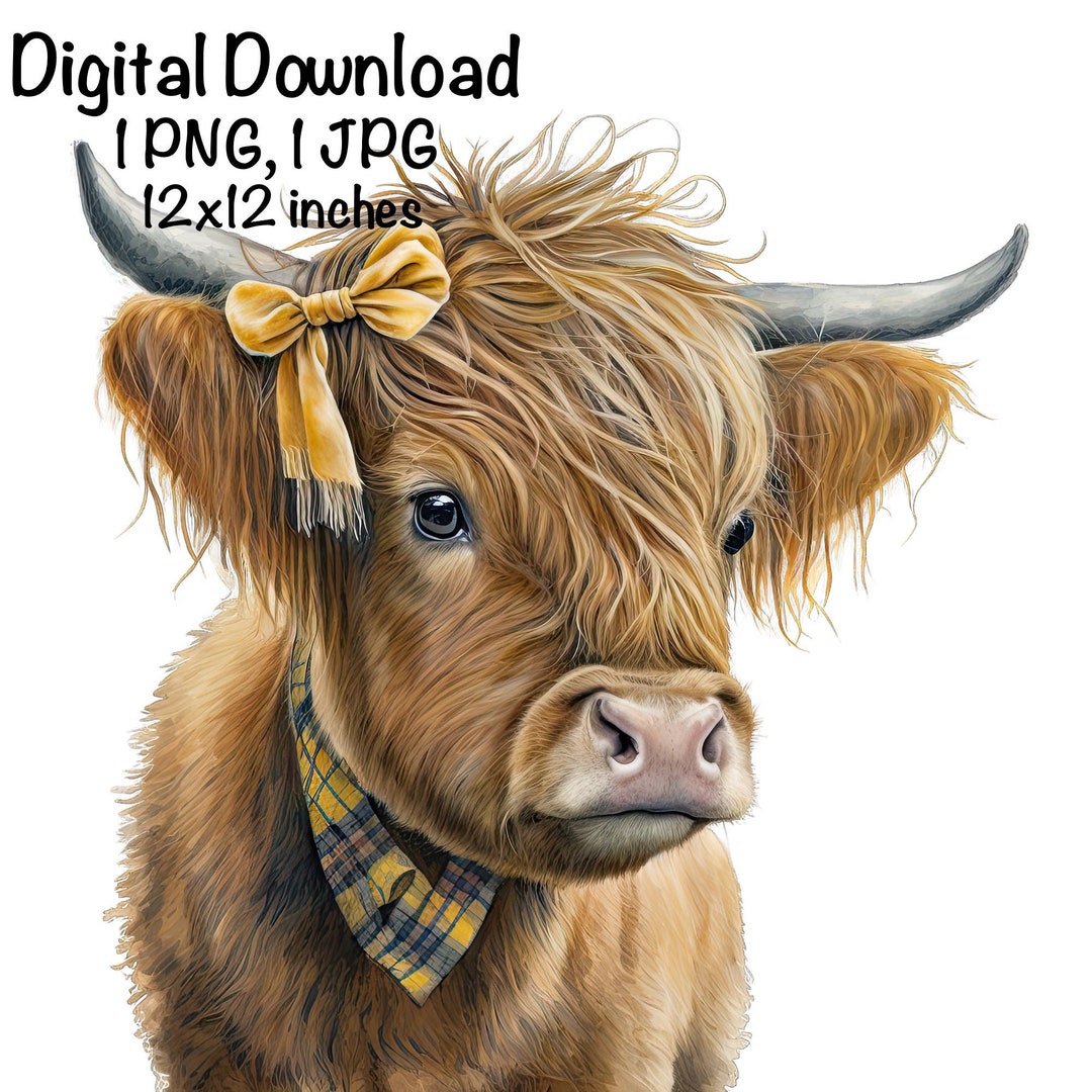 Highland Cow Watercolor Clipart Highland Cow Yellow Hair Bow Mountains ...