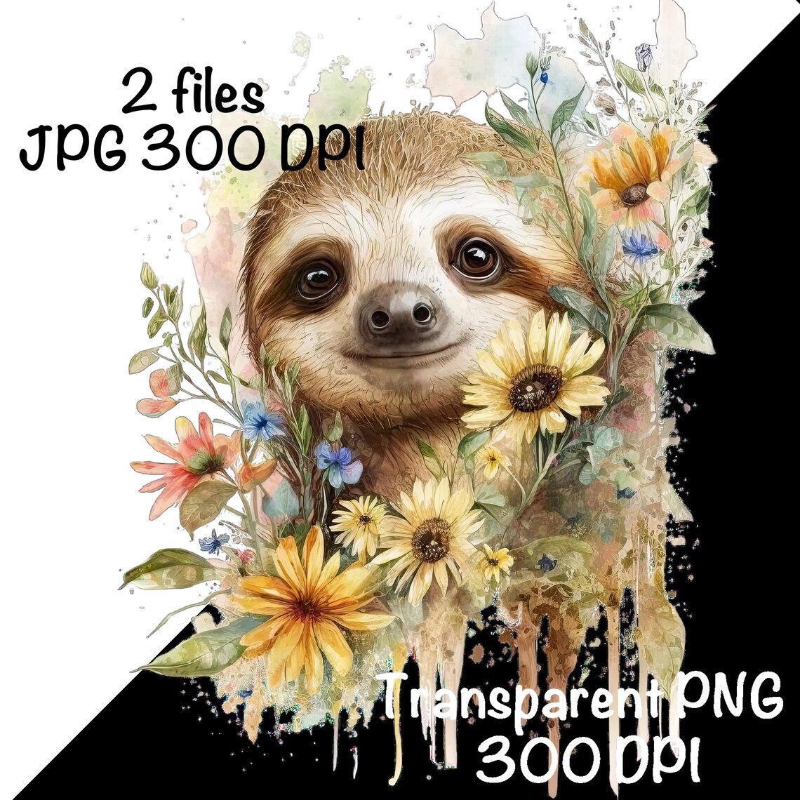 Cute Sloth Clipart Sloth & Spring Flowers PNG Commercial Use - Etsy