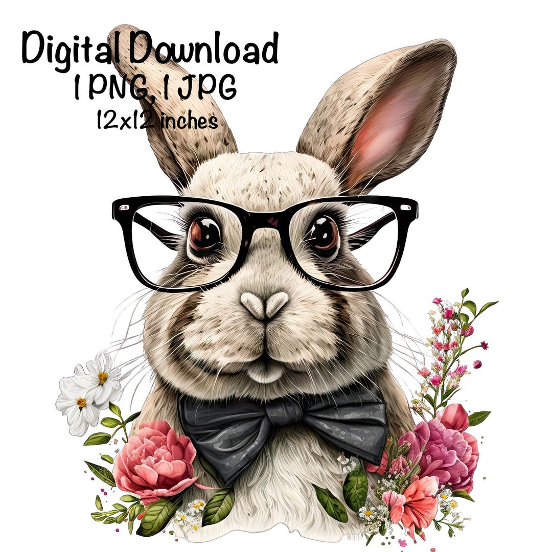 Cute Rabbit & Glasses Watercolor Clipart Bunny Spring Flowers PNG ...