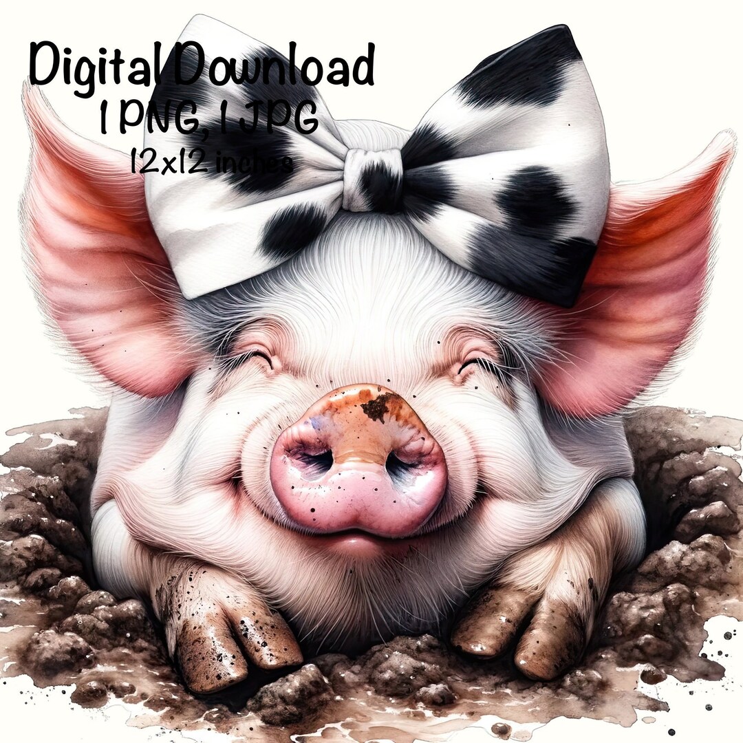 Farm Pig Watercolor Clipart Cute Farm Pig Cowhide Pattern Bow Pig PNG ...