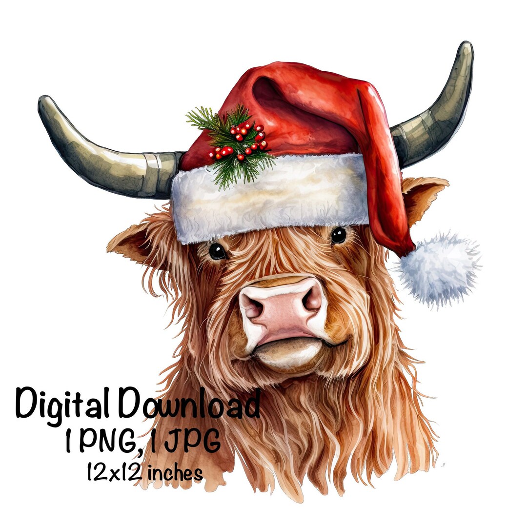 Highland Cow Watercolor Clipart Highland Cow Santa Hat Mountains Cow ...