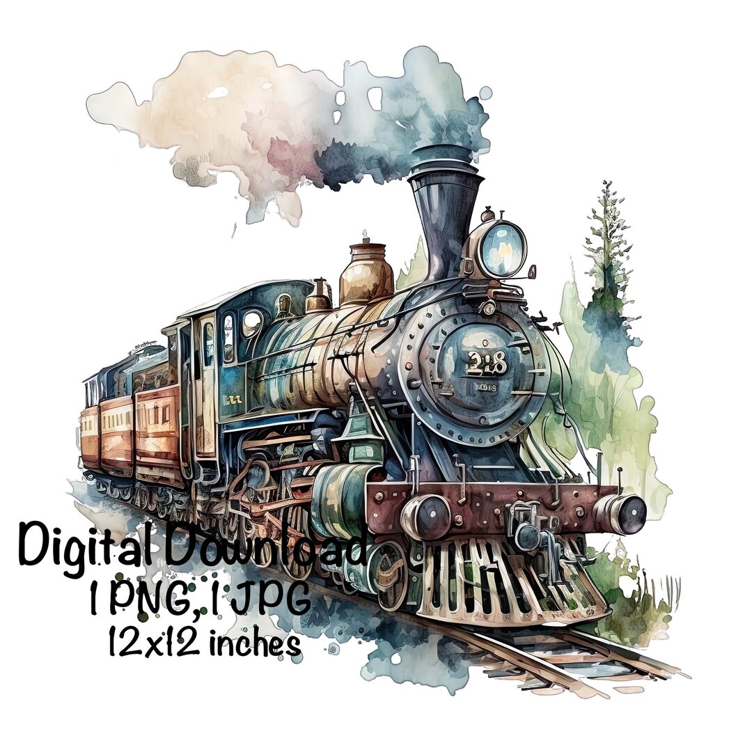 Steam Train Watercolor, Locomotive Train Boys Clipart Nursery Décor ...