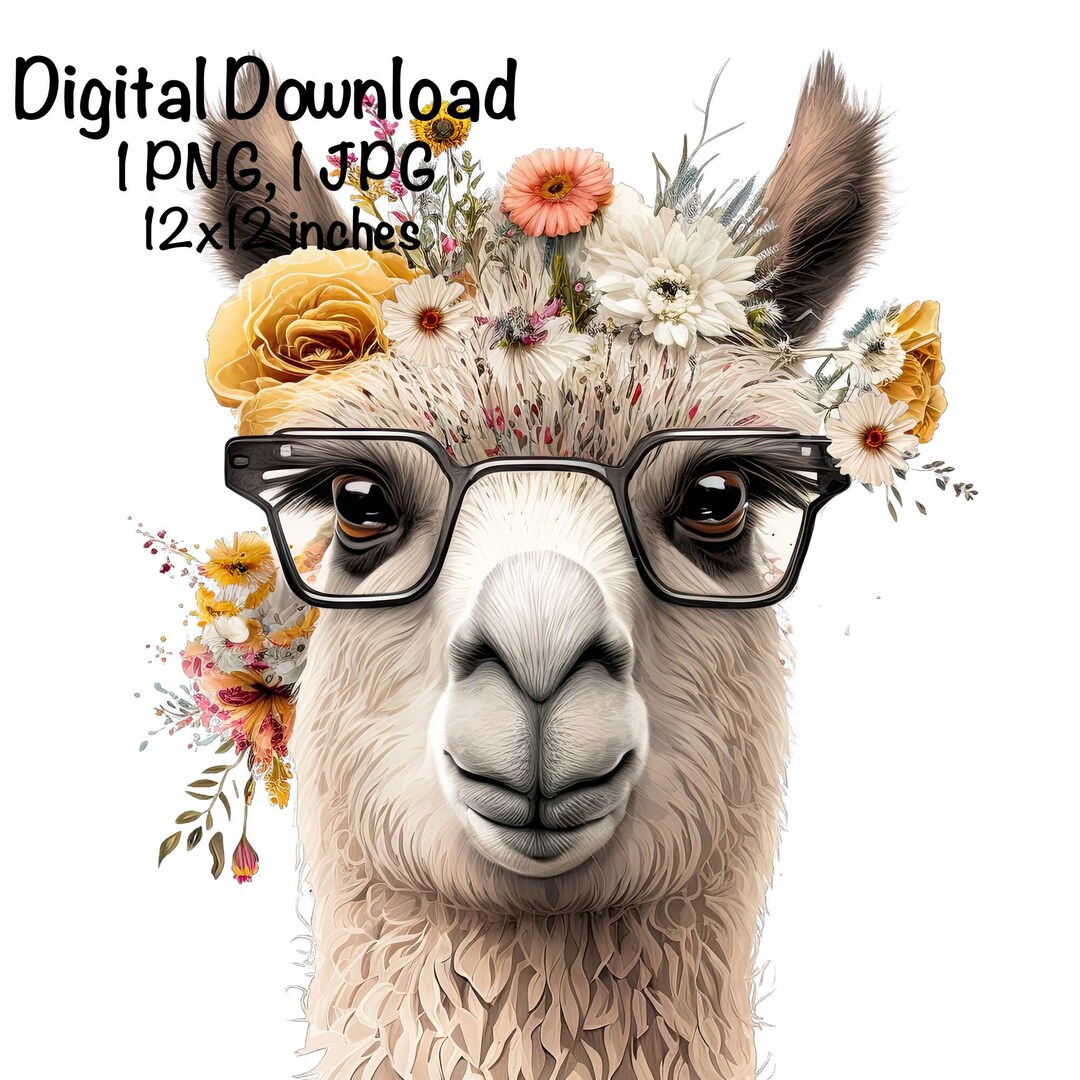 Funny Llama Clipart Farm Glasses Llama Spring Flowers PNG Commercial ...