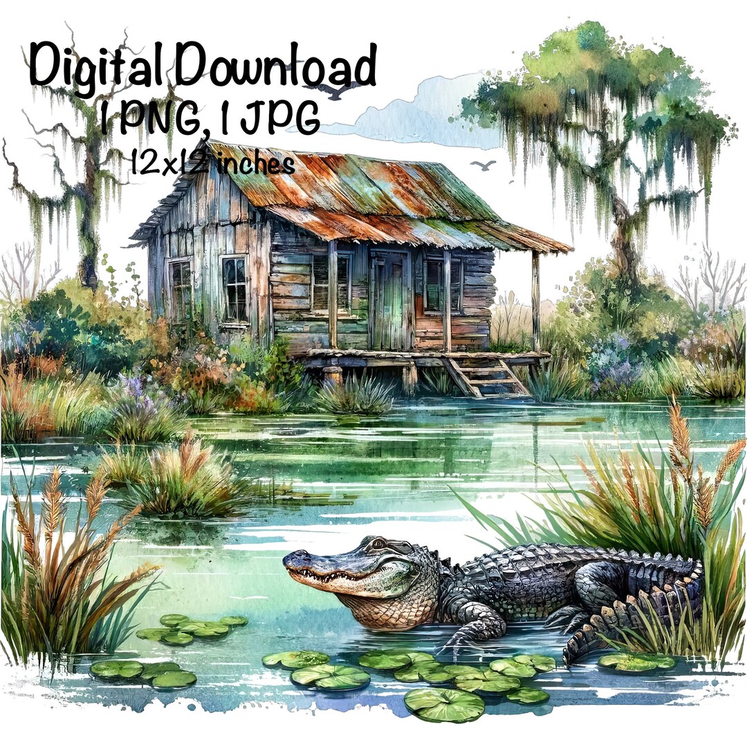 Old Shack on the Bayou Watercolor Swamp Boys Girls Clipart Wall Art ...