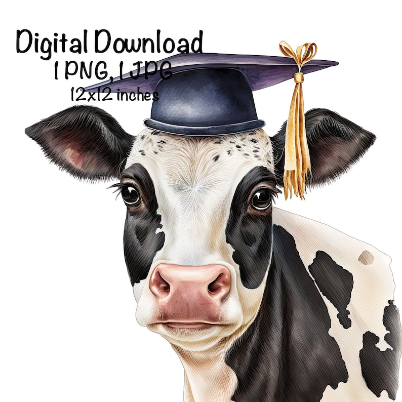 Dairy Cow Watercolor Clipart Milk Cattle Cow Graduation Cap PNG ...