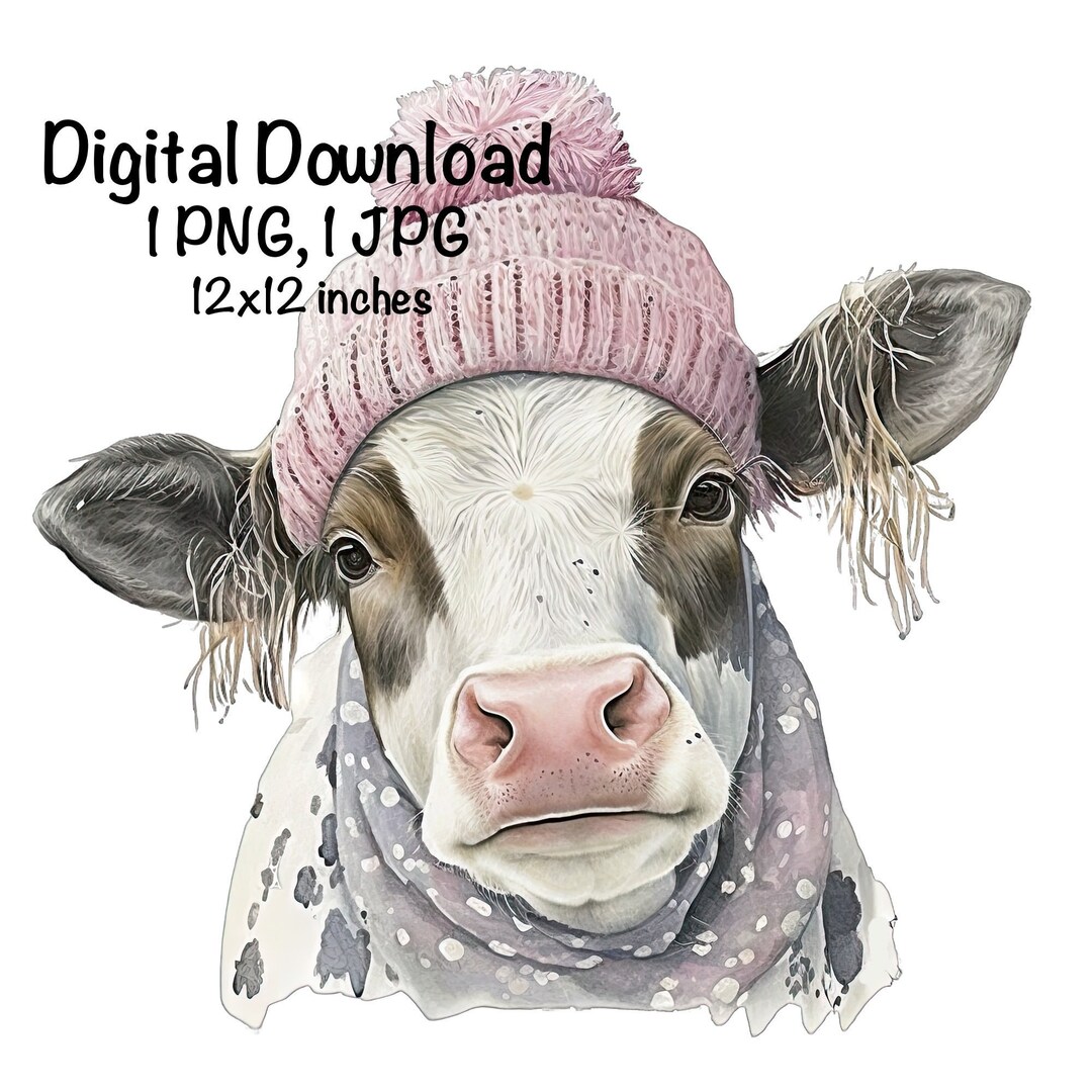 Winter Cow Watercolor Clipart Dairy Cow & Wool Cap PNG Commercial Use ...