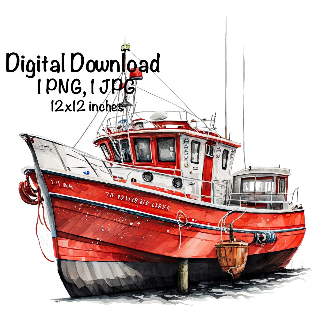 Red Fishing Boat Watercolor Fishermen Fishing Boat Boys Clipart Red ...