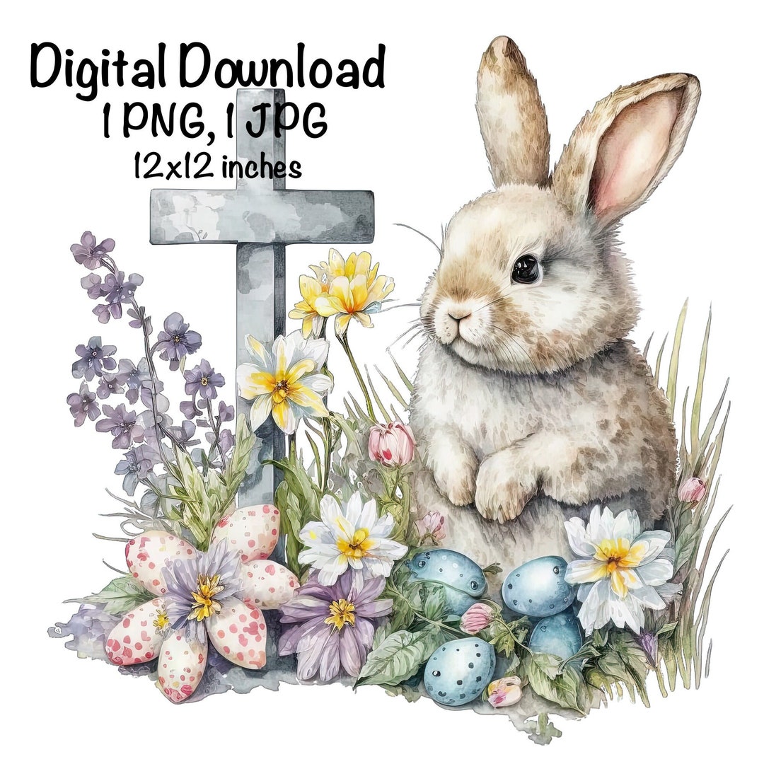 Easter Bunny Cross Watercolor Floral Clipart Easter Sublimation Design ...