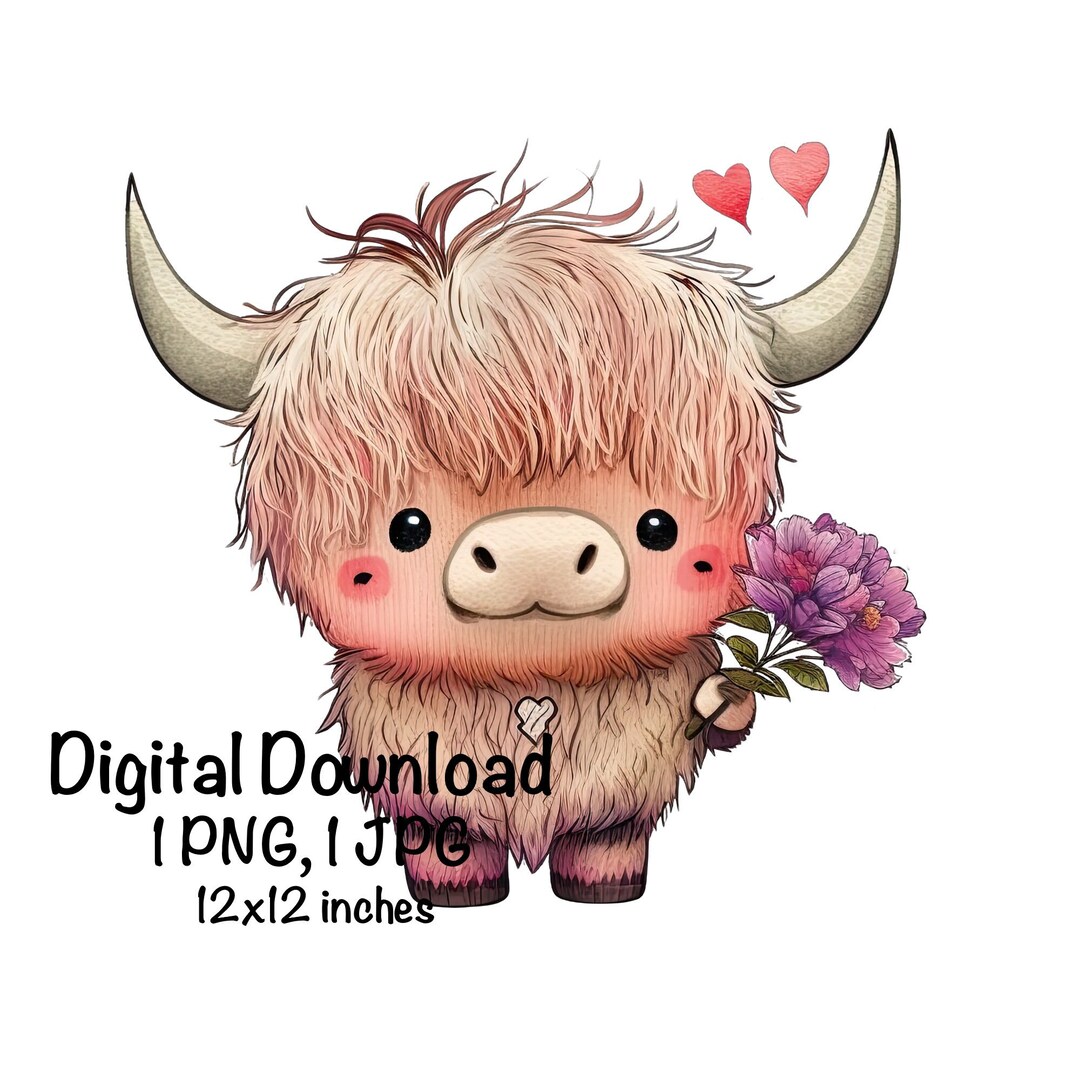 Cute Highland Cow Watercolor Clipart Highland Cow Hearts PNG Commercial ...