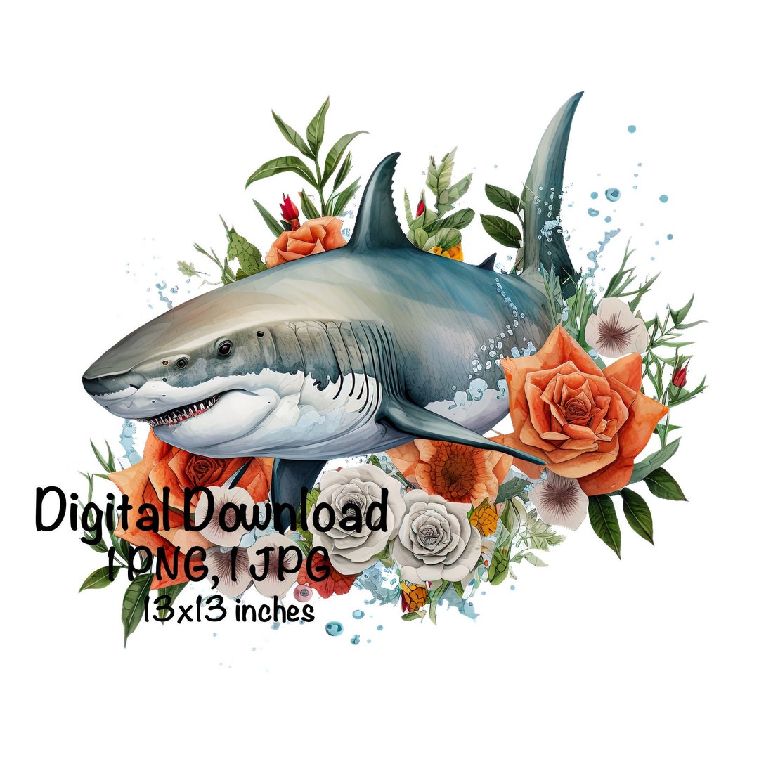 Great White Shark Watercolor Clipart Shark Spring Flowers PNG ...