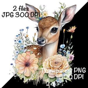 Cute Deer Watercolor Clipart Wild Baby Deer Spring Flowers PNG ...