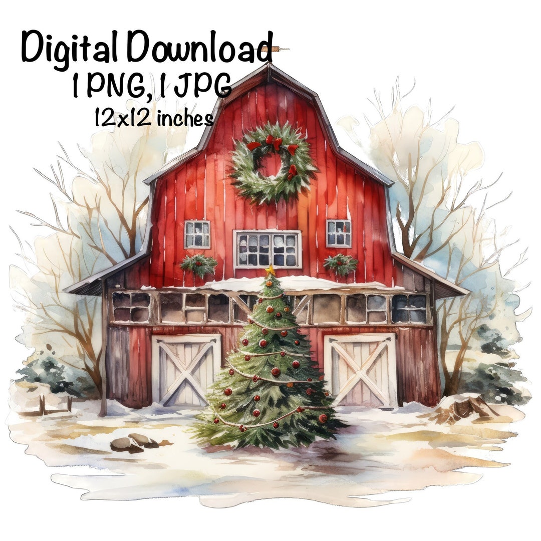 Christmas Old Barn Watercolor Farm Barn Winter Snow Clipart Wall Art ...