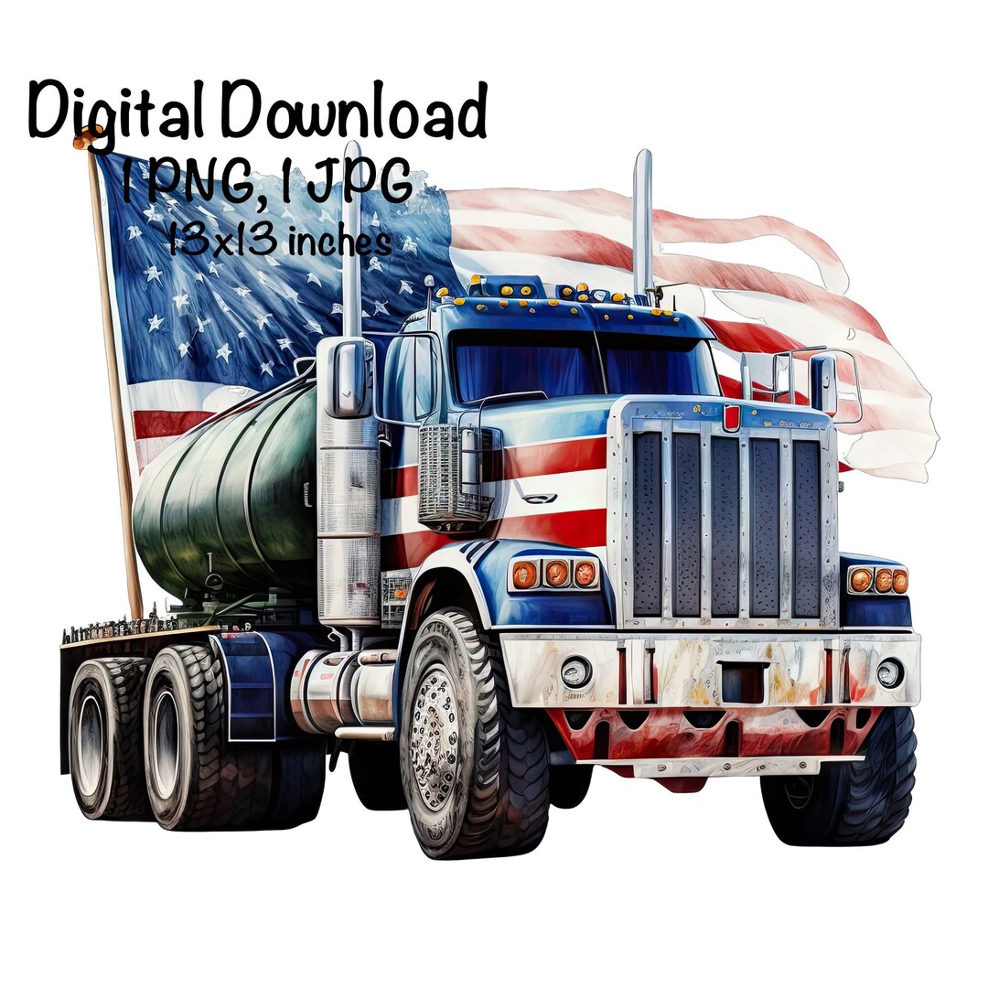 Tanker Truck Watercolor Flat Bed US Flag Trucks Boys Clipart American ...
