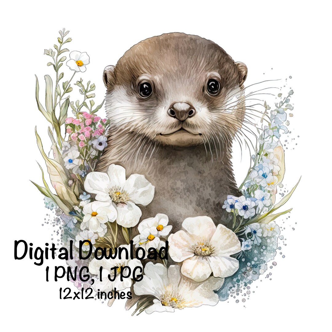 Sea Otter Watercolor Clipart Otter Spring Daisy Flowers PNG Commercial ...