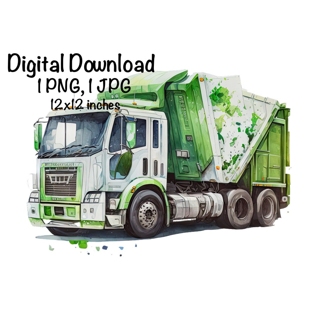 Recycling Truck Watercolor, Green Garbage Trucks Boys Clipart Nursery ...