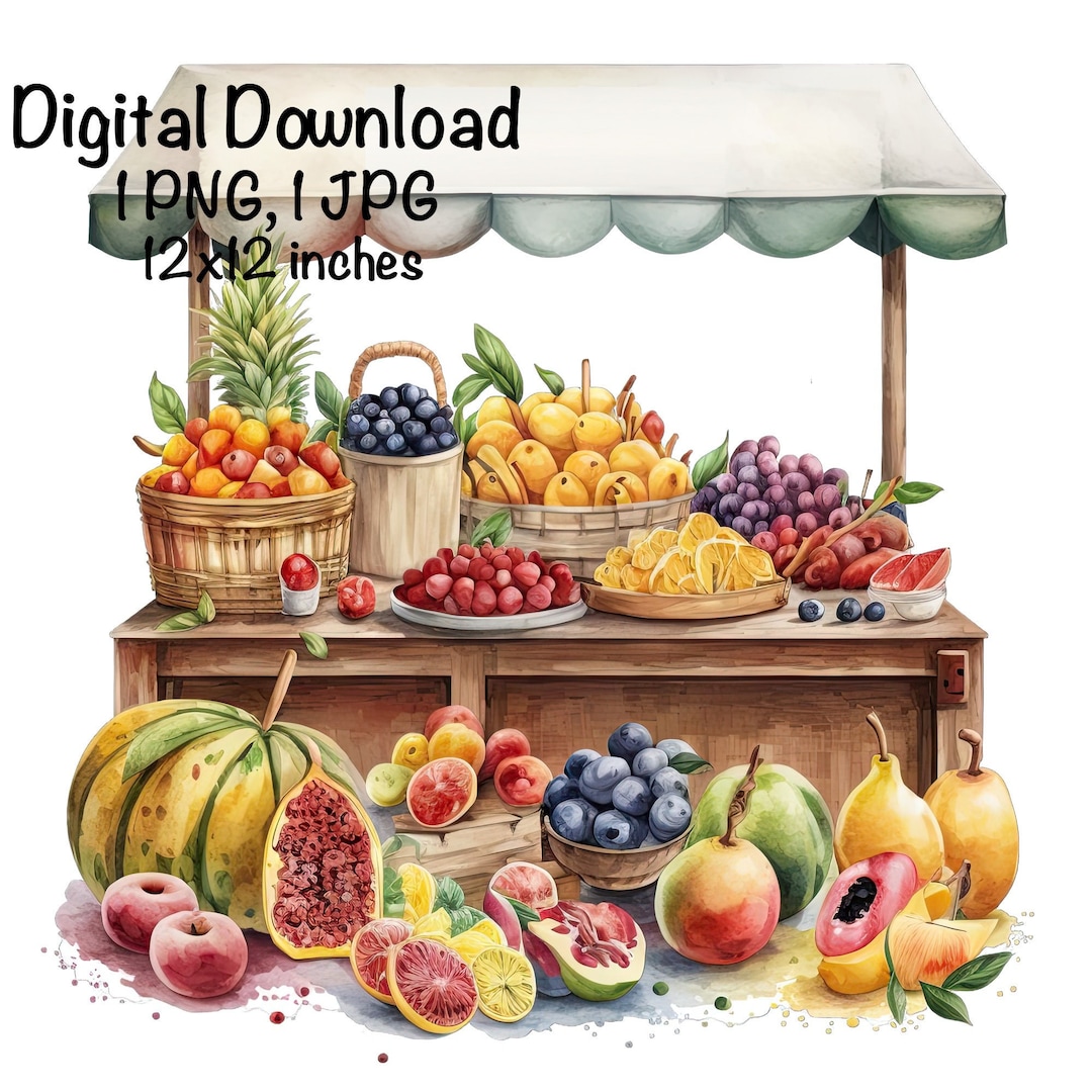 Farmers Market Fruit Stand Watercolor Clipart Fruits PNG Commercial Use ...