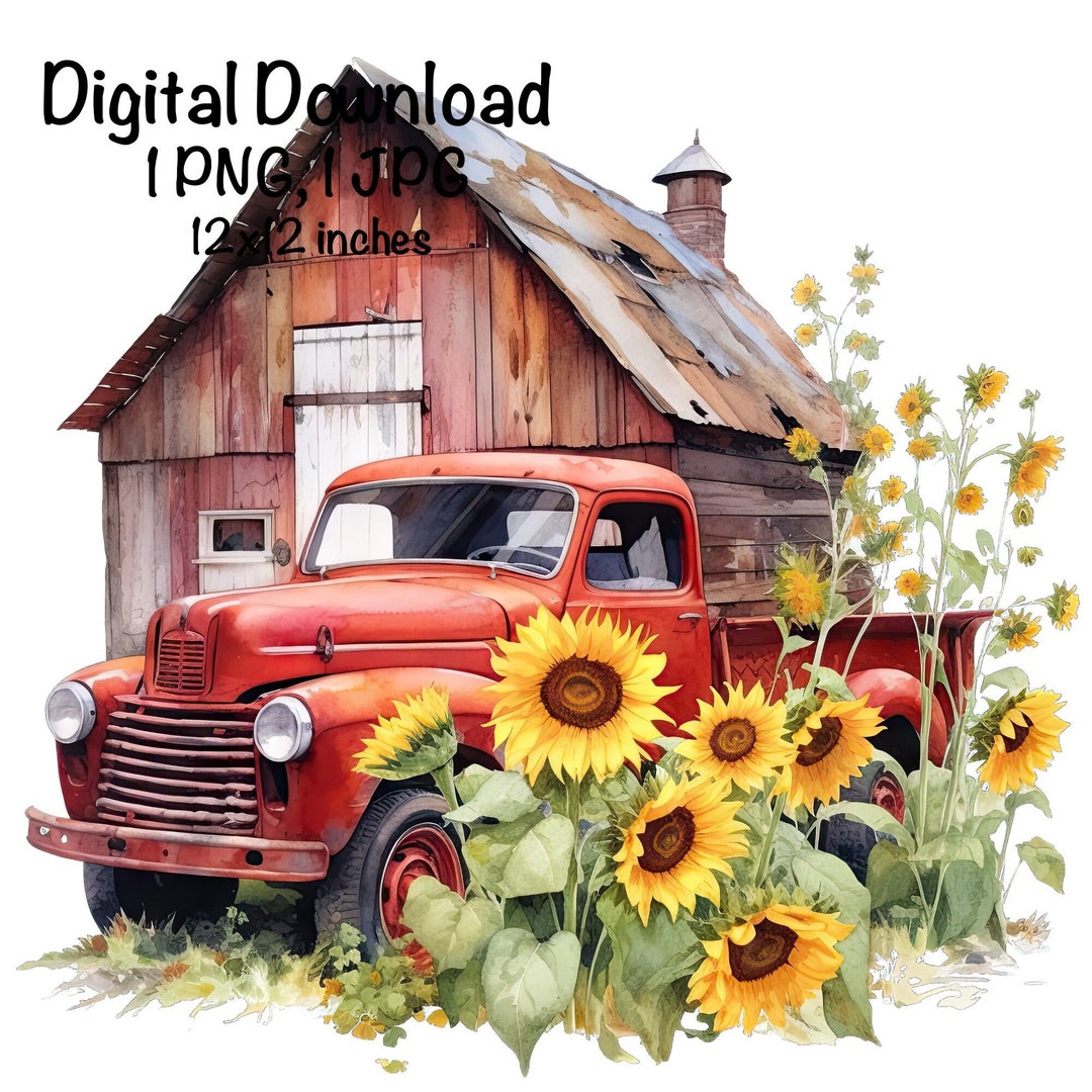 Rustic Red Farm Truck Barn Sunflowers Rustic Truck Country Farm ...