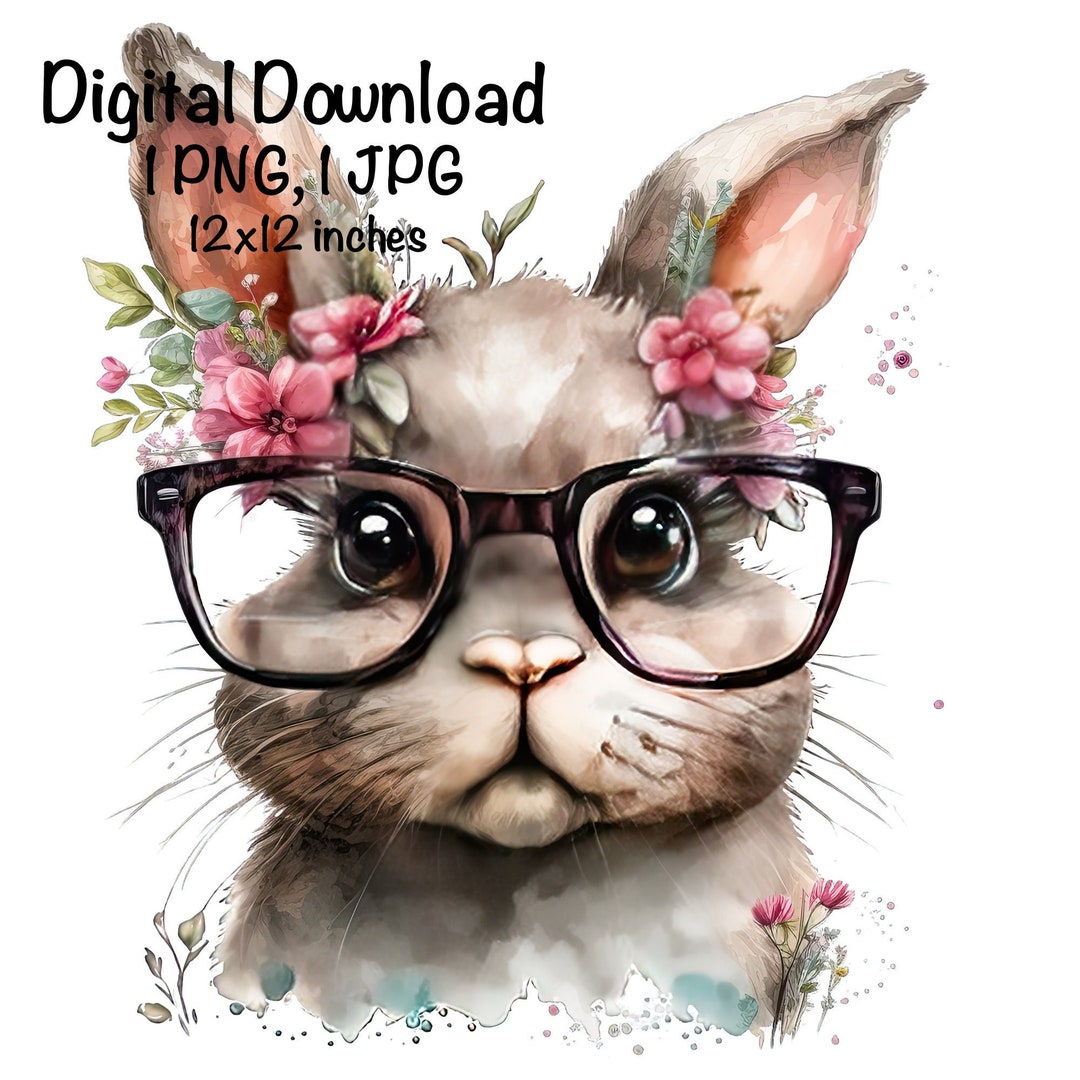 Cute Rabbit & Glasses Watercolor Clipart Bunny Spring Flowers PNG ...
