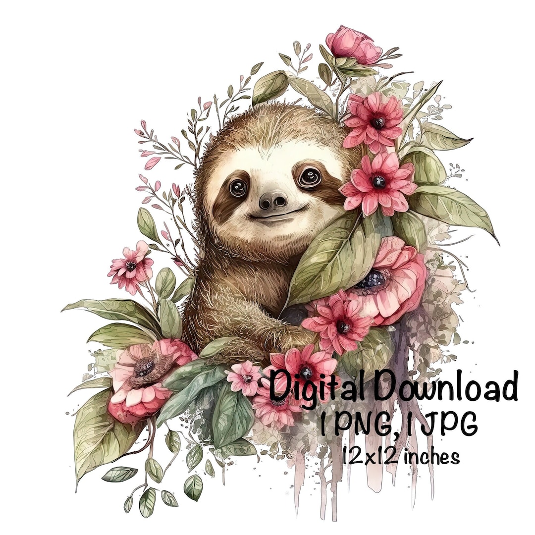 Cute Sloth Clipart Sloth & Spring Flowers PNG Commercial Use Sloth ...