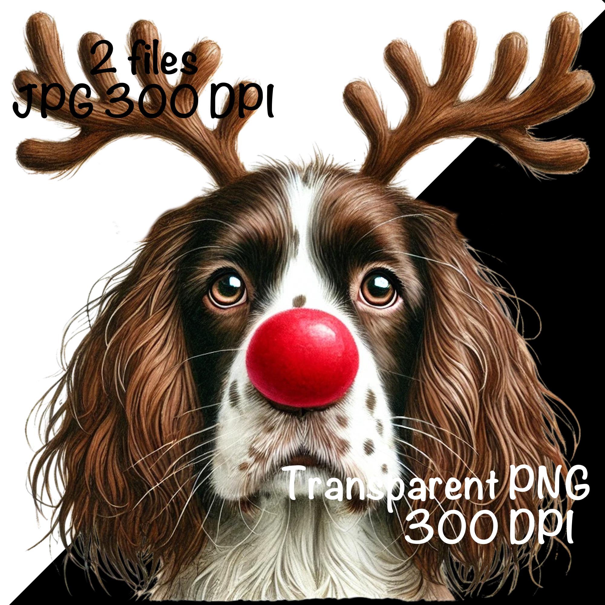 Christmas English Springer Spaniel PNG, Reindeer Antlers Red Nose Dog ...