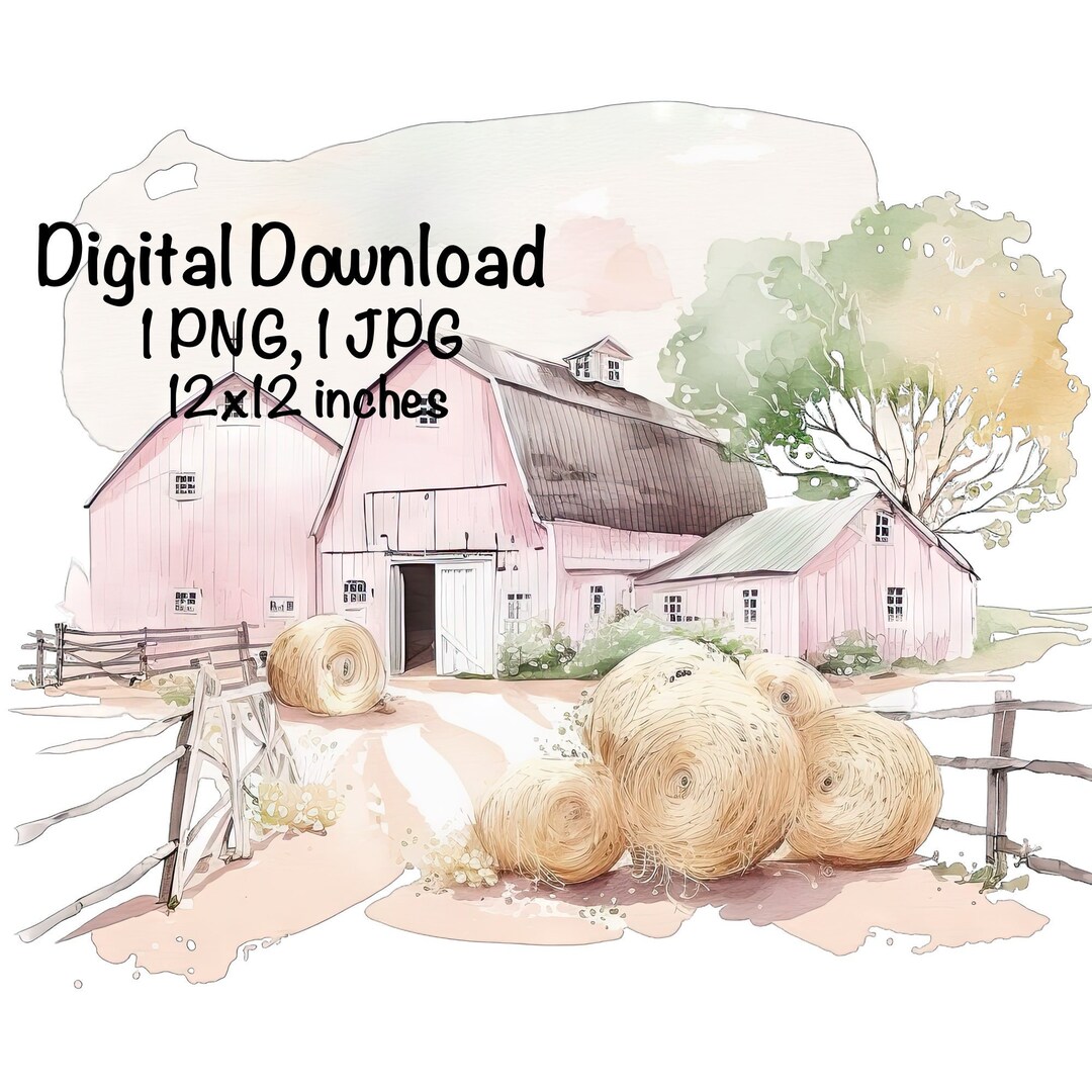 Old Farm Barn Watercolor Pink Barn Girls Clipart Wall Art Old Rustic ...